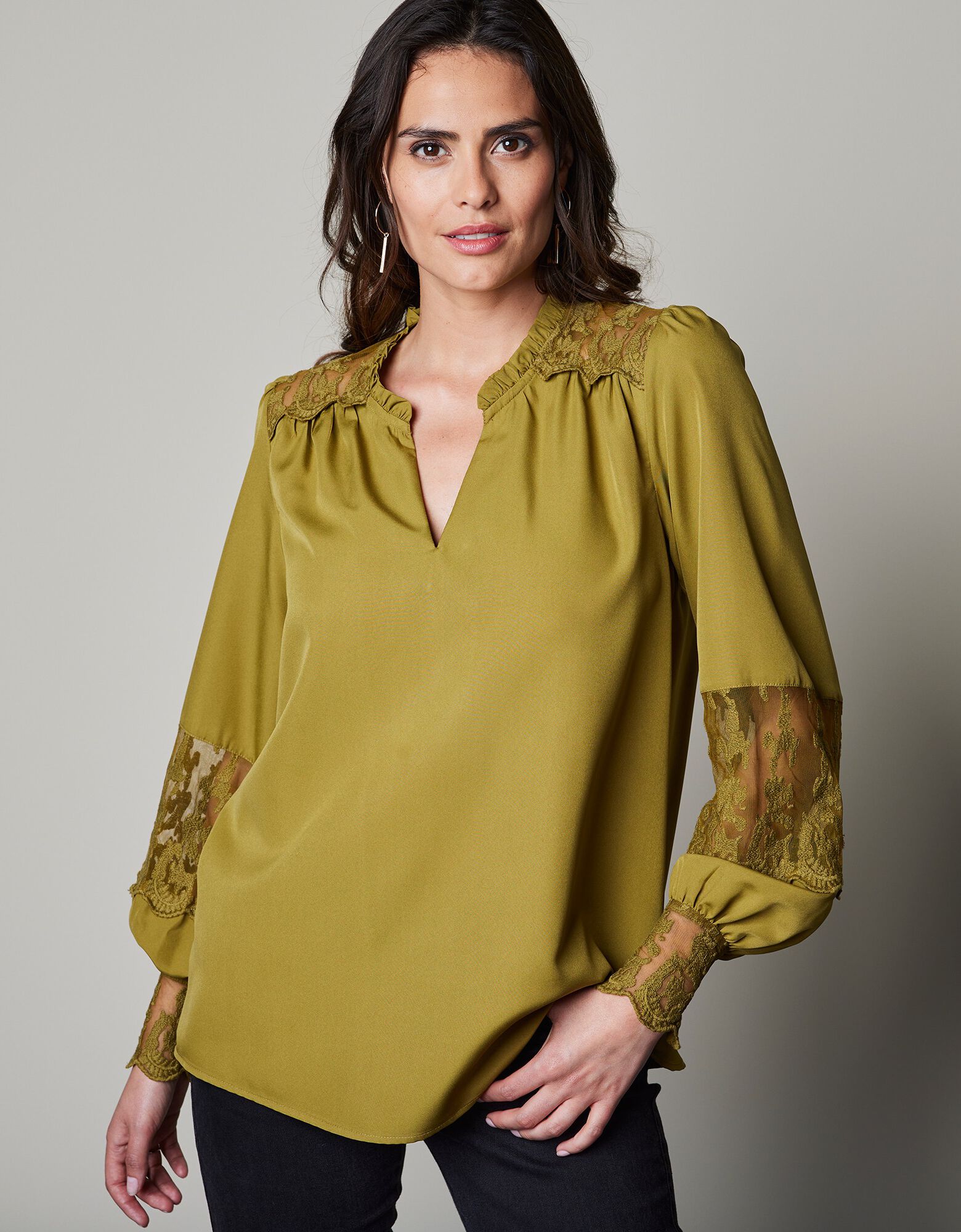 Blouse dentelle manches longues blousantes, vert mousse | Blancheporte
