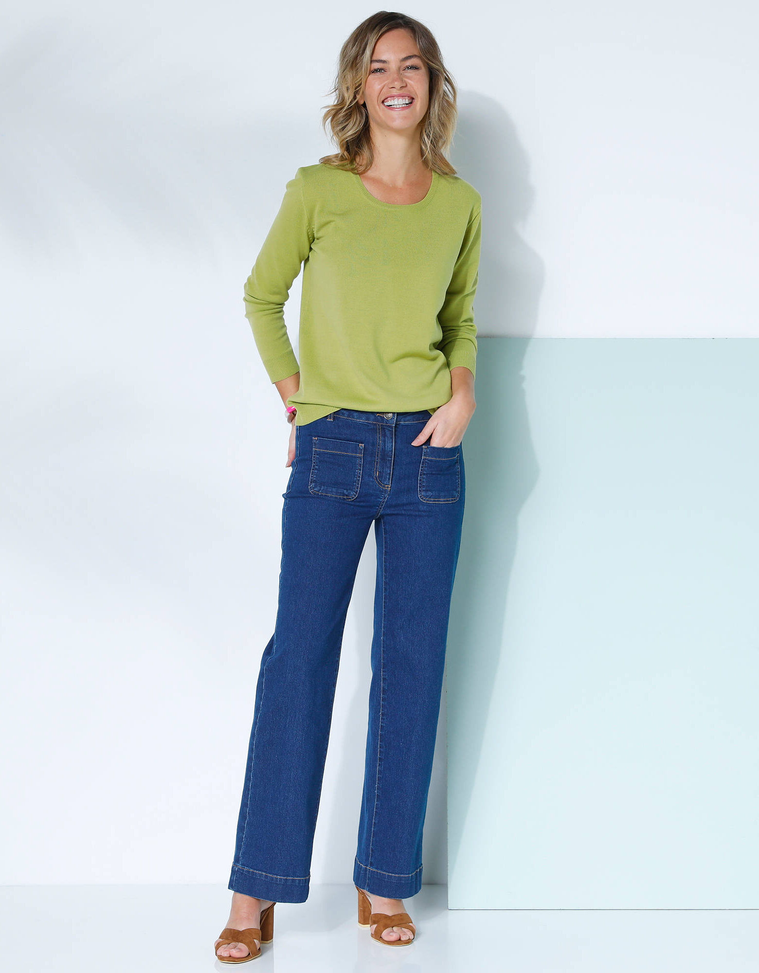 Pull col rond uni, manches longues, toucher doux, vert mousse | Blancheporte