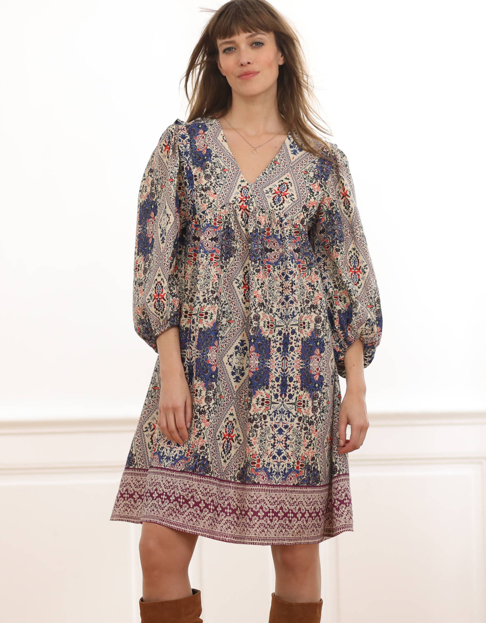 Robe imprimée manches amples, bleu / prune | Blancheporte