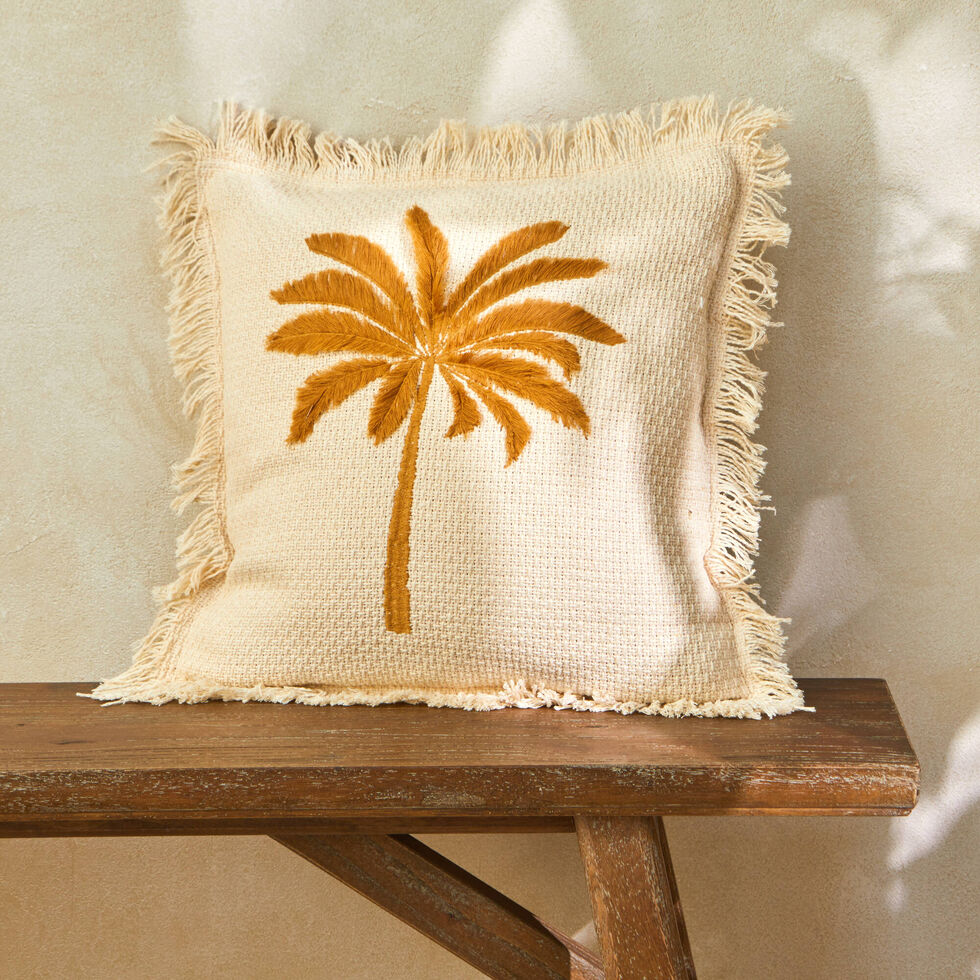 Coussin brodé palmier, naturel | Blancheporte