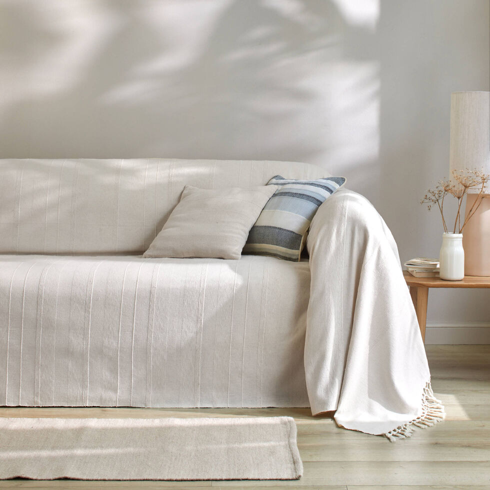 Plaid ou jeté uni coton tissage artisanal, écru | Blancheporte