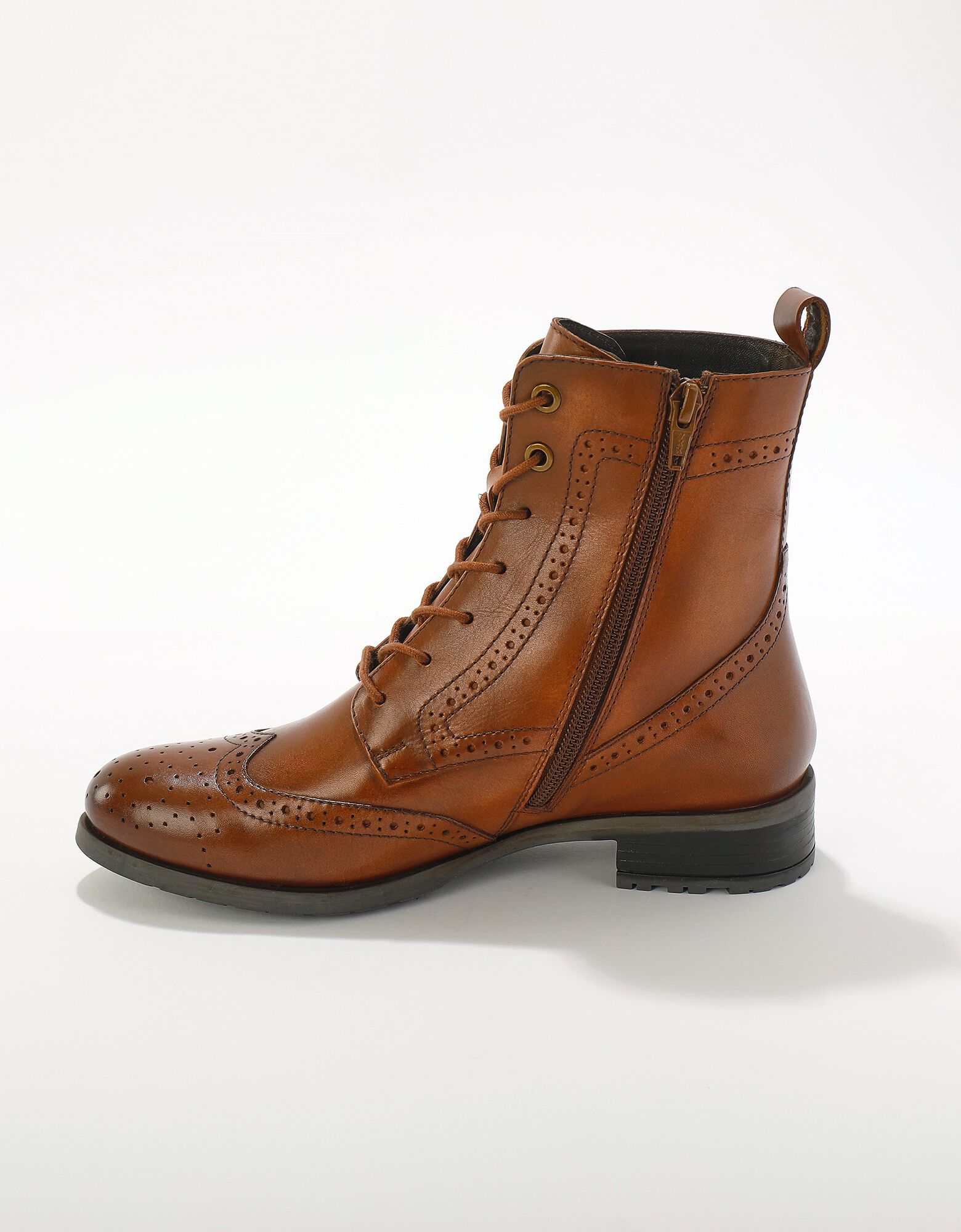 Bottines montantes doublées à lacets en cuir fleuri, marron | Blancheporte