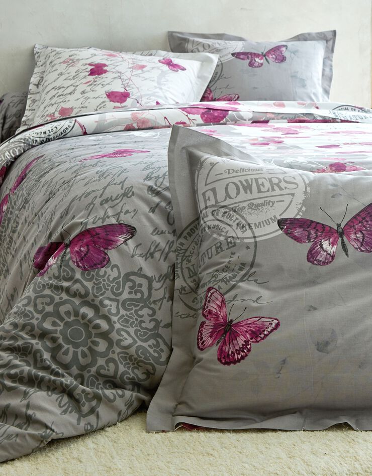Linge de lit Célestine en coton imprimé fleurs et papillons, gris ...