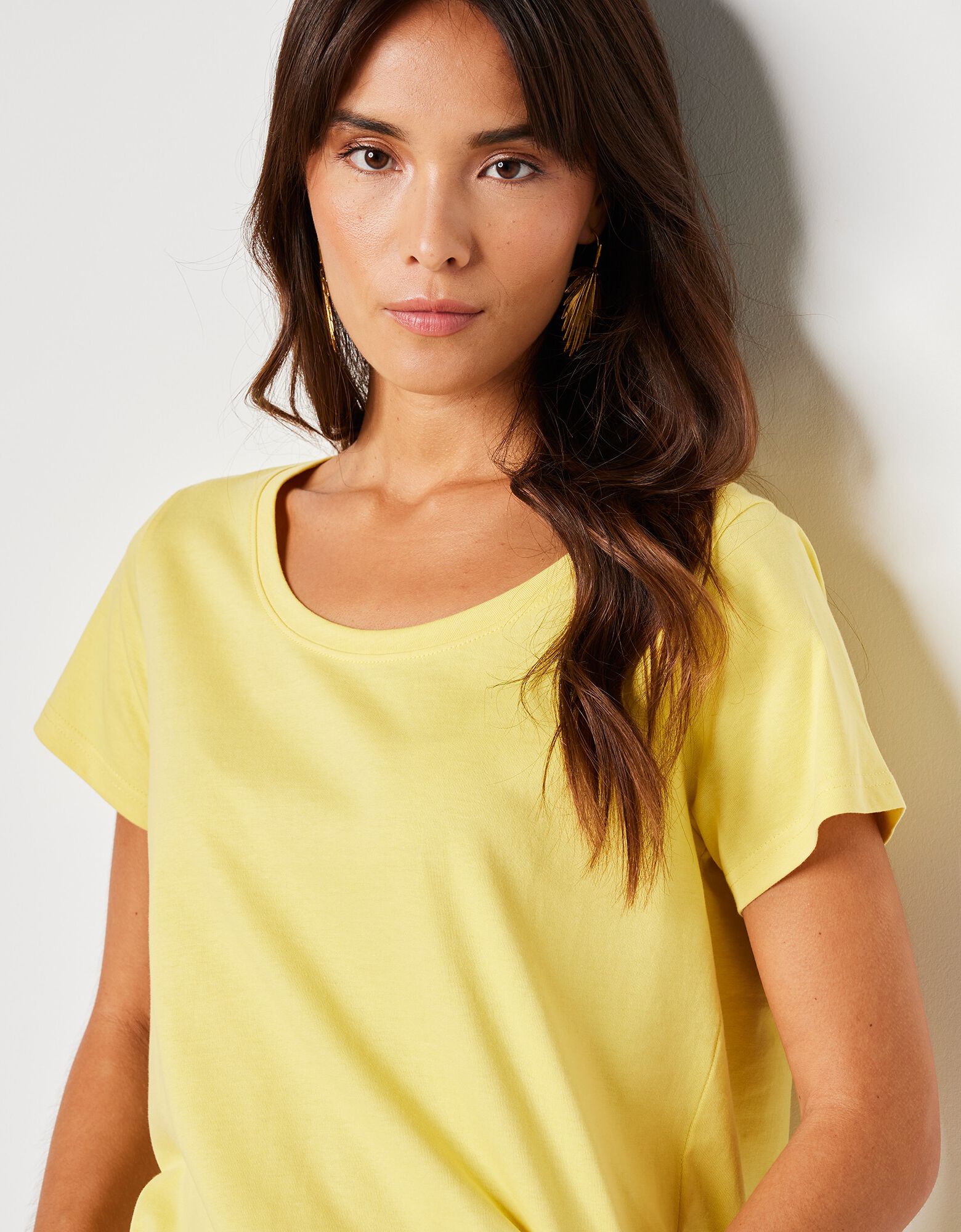 T-shirt col rond manches courtes uni coton, jaune pâle | Blancheporte