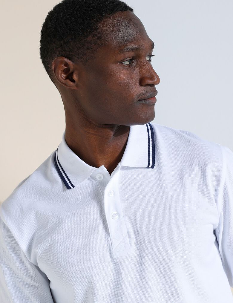 Polo uni maille piquée manches longues, blanc | Blancheporte