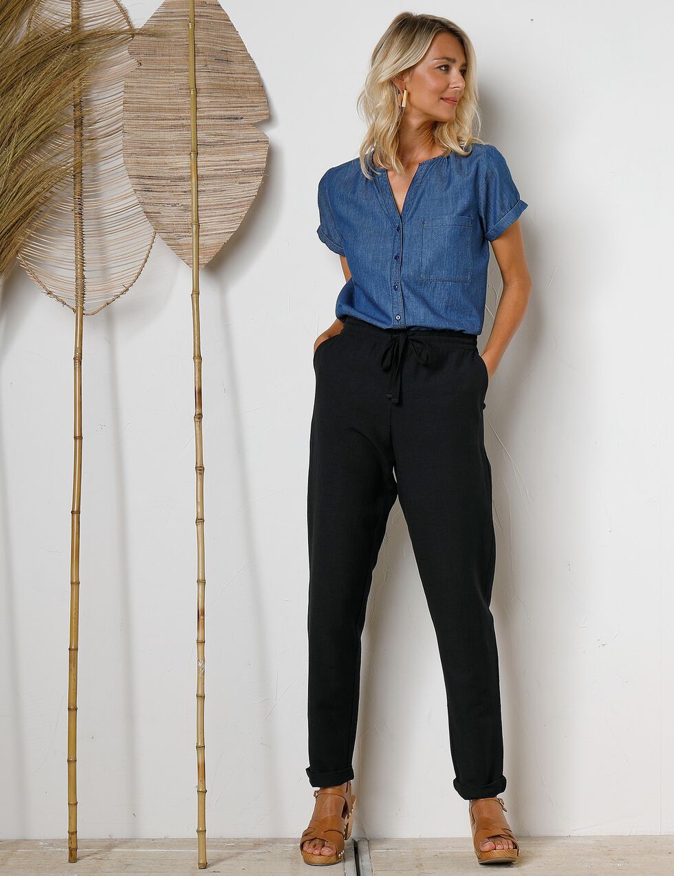 Pantalon fuselé fluide, lin-coton, noir | Blancheporte