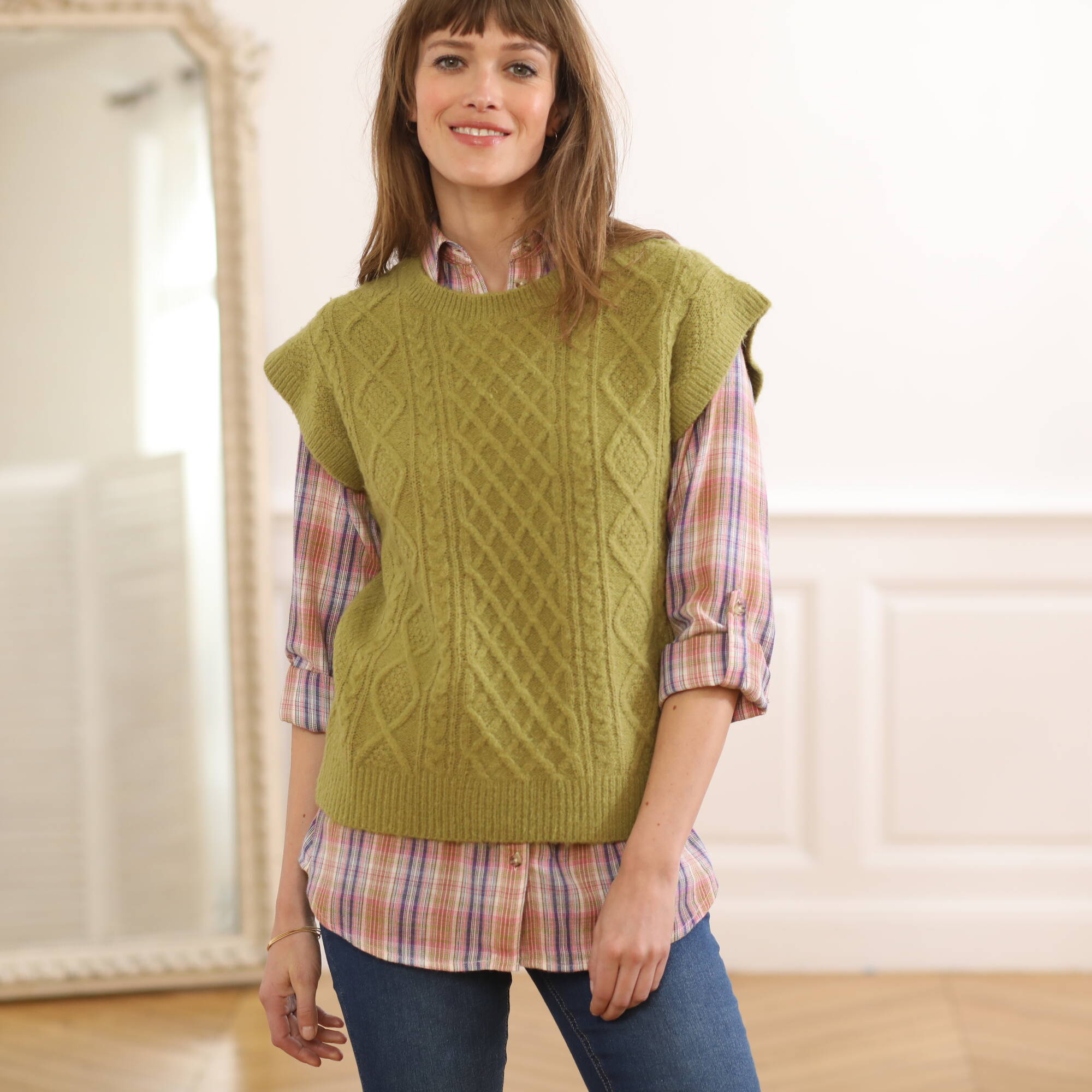 Pull torsadé sans manches, épaules tombantes, vert mousse | Blancheporte