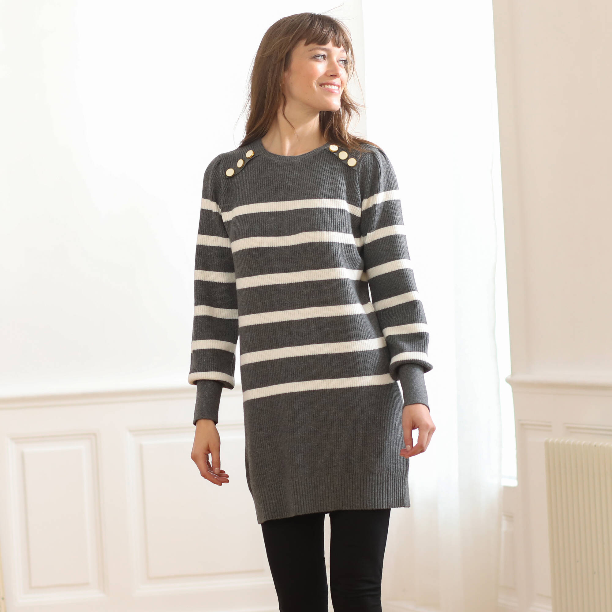 Pull tunique boutons fantaisie, rayé, gris chiné / écru | Blancheporte